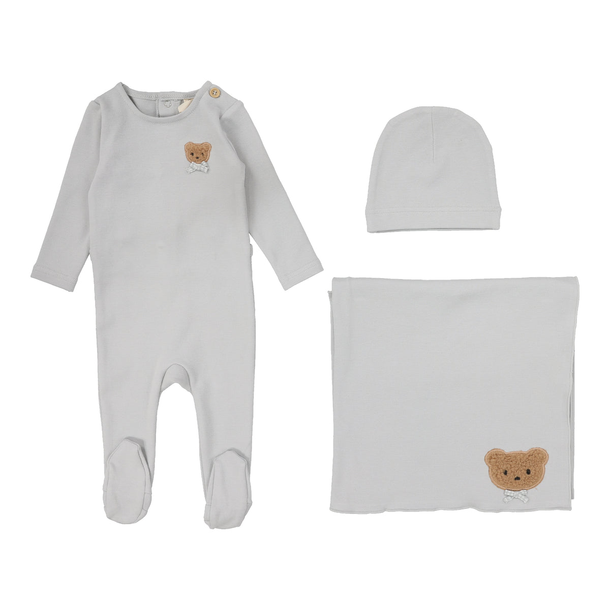 Lilette Pale Blue Bear Applique Layette Set – Little Loungers